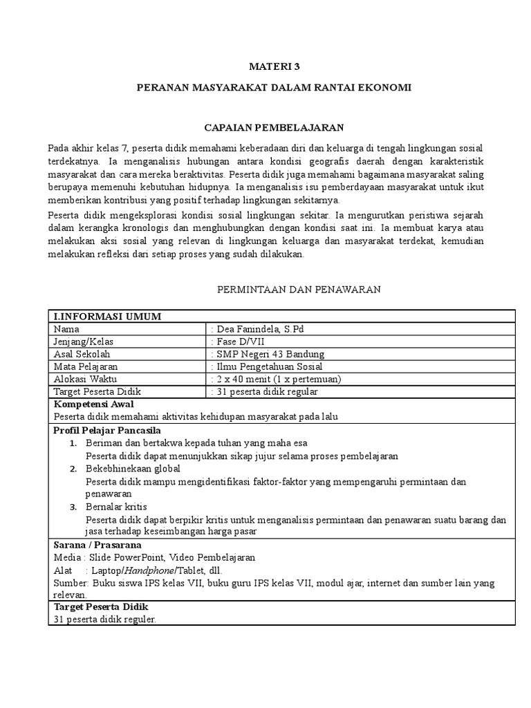 Modul Ajar Permintaan Dan Penawaran | PDF