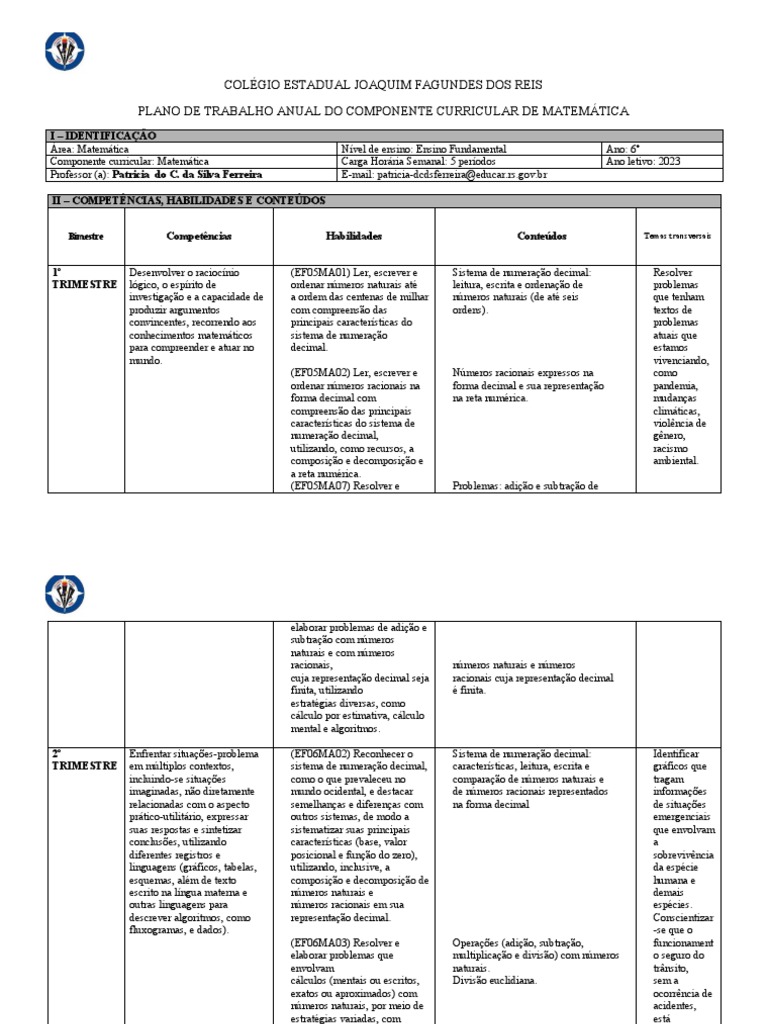 Plano 6 Ano 2023 Matemática | PDF | Número racional | Números