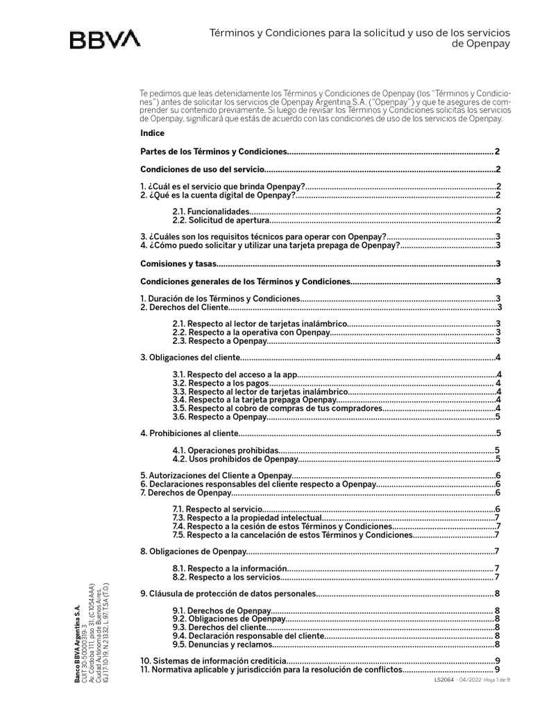 Términos y Condiciones para La Solicitud y Uso de Los Servicios de Openpay | PDF | Tarjeta de ...