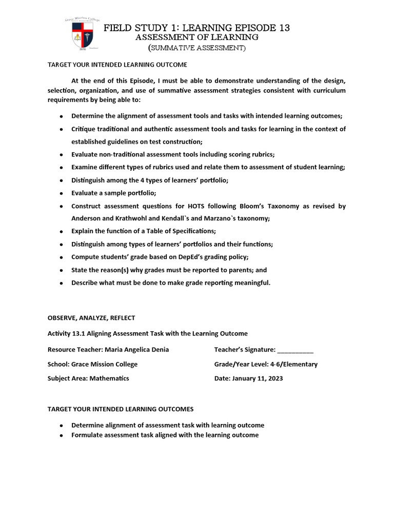 FS1 Episode-13 | PDF | Educational Assessment | Rubric (Academic)