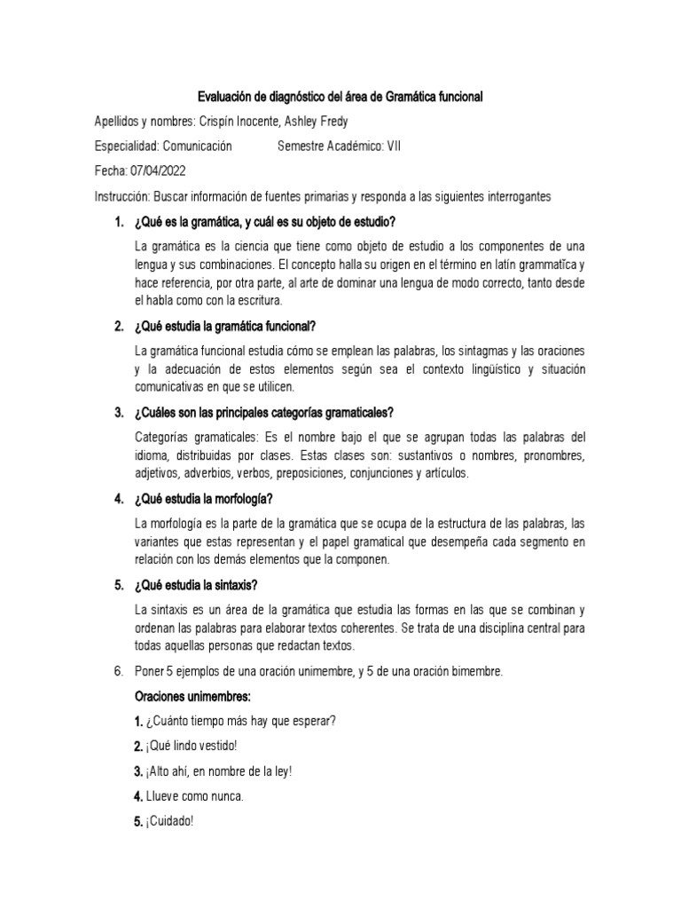 Evaluación Diagnostica | PDF | Oración (Lingüística) | Gramática Evaluación Diagnostica | PDF | Oración (Lingüística) | Gramática