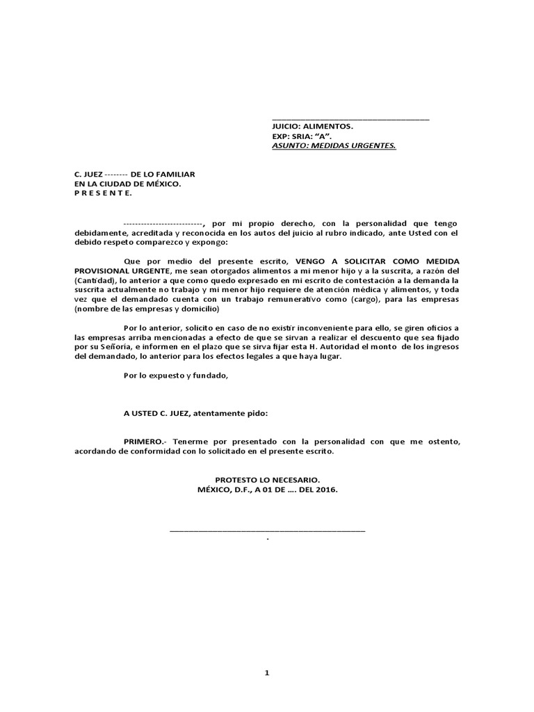 Medidas Provisionales Urgentes Alimentos | PDF