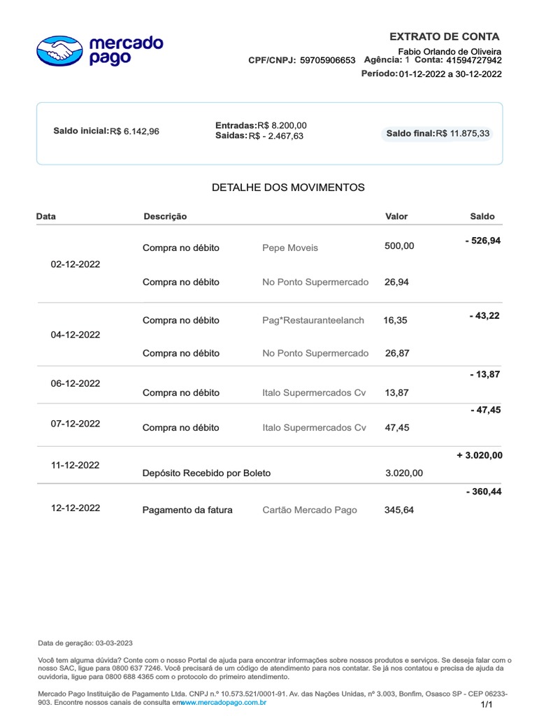 Extrato Mercado Pago - 01-DEZ-2022 | PDF | Tecnologia financeira ...