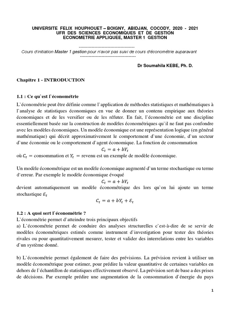 1 Cours D'économétrie Appliquée Master1 Gestion 2020 2021 1 | PDF | Estimateur (statistique ...