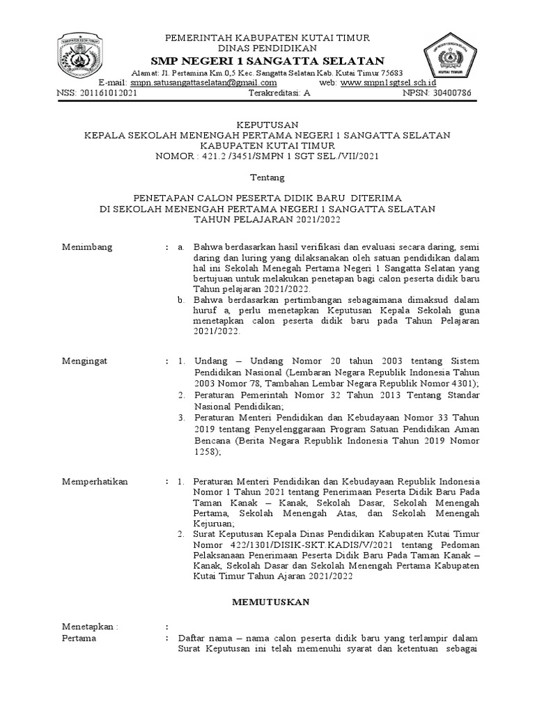 SK Kelulusan PPDB TP. 2021-2022 | PDF