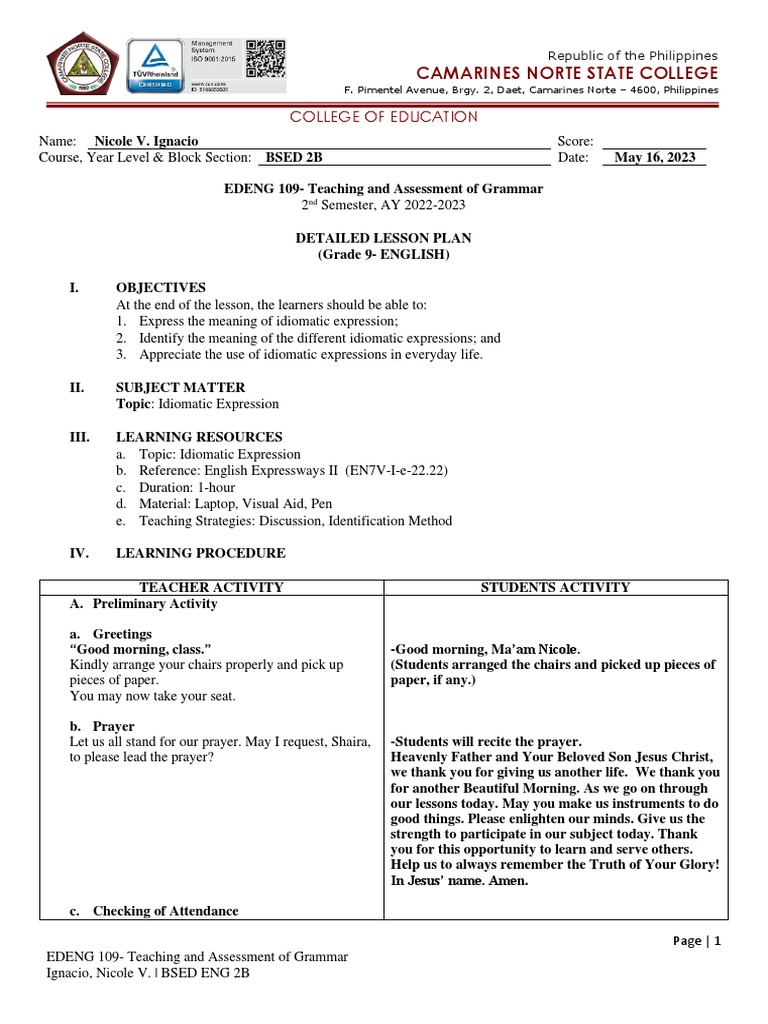 Lesson Plan in EDENG 109 | PDF | Idiom | Sentence (Linguistics)