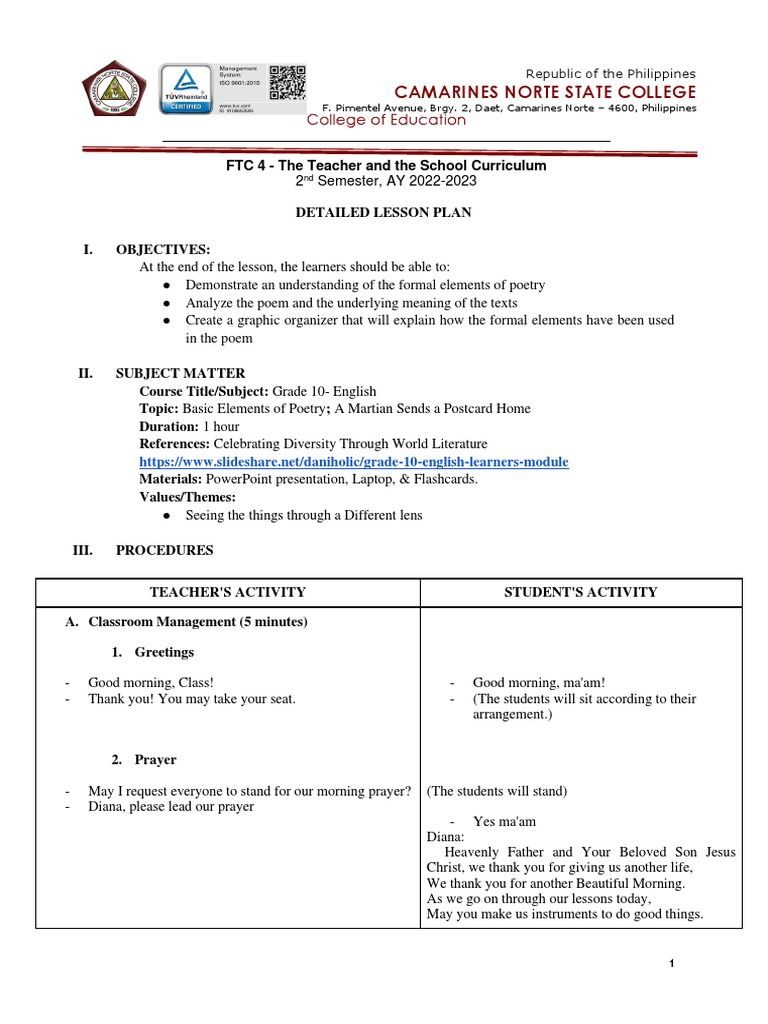 FTC 4 - Detailed Lesson Plan | PDF | Poetry | Lesson Plan