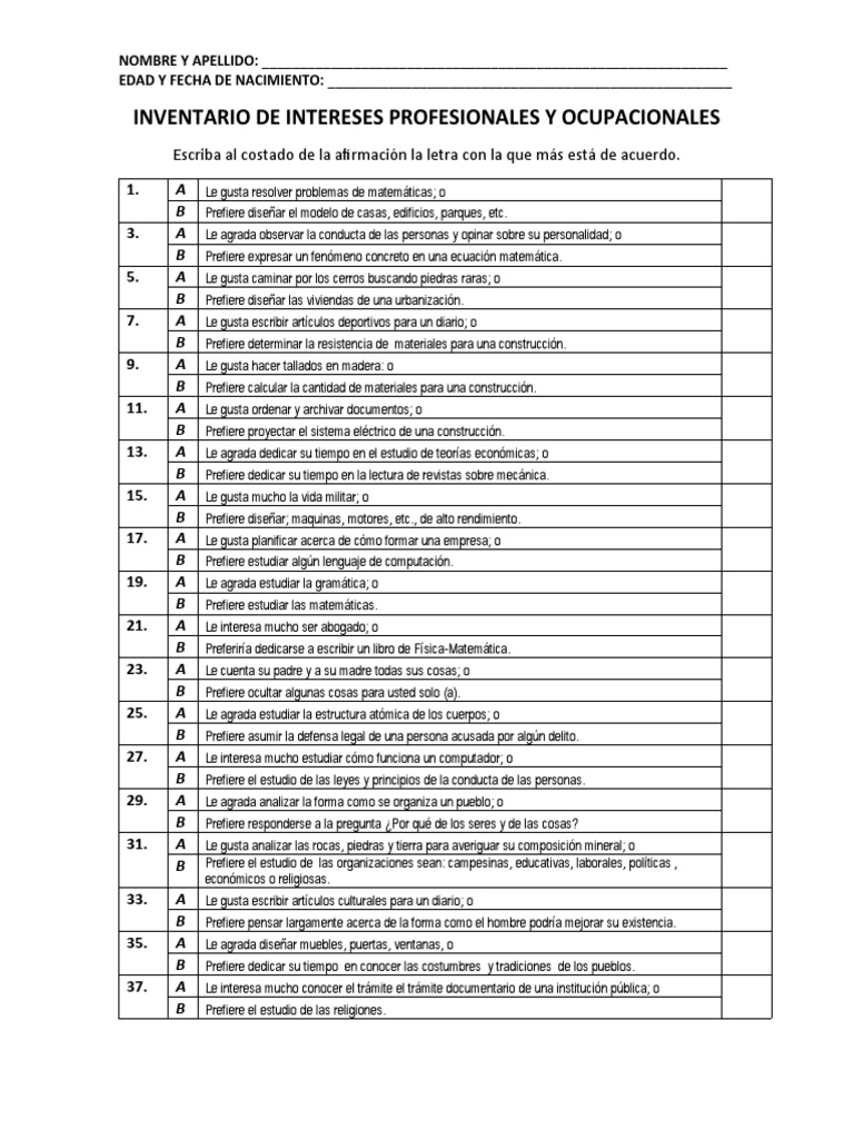 Inventario de Intereses Profesionales y Ocupacionales Casm 93 | PDF ...
