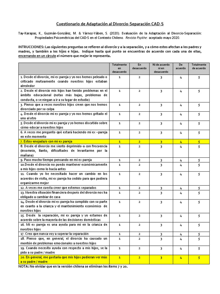 Cuestionario de Adaptación Al Divorcio-Sepración (CAD-S) | PDF | Divorcio