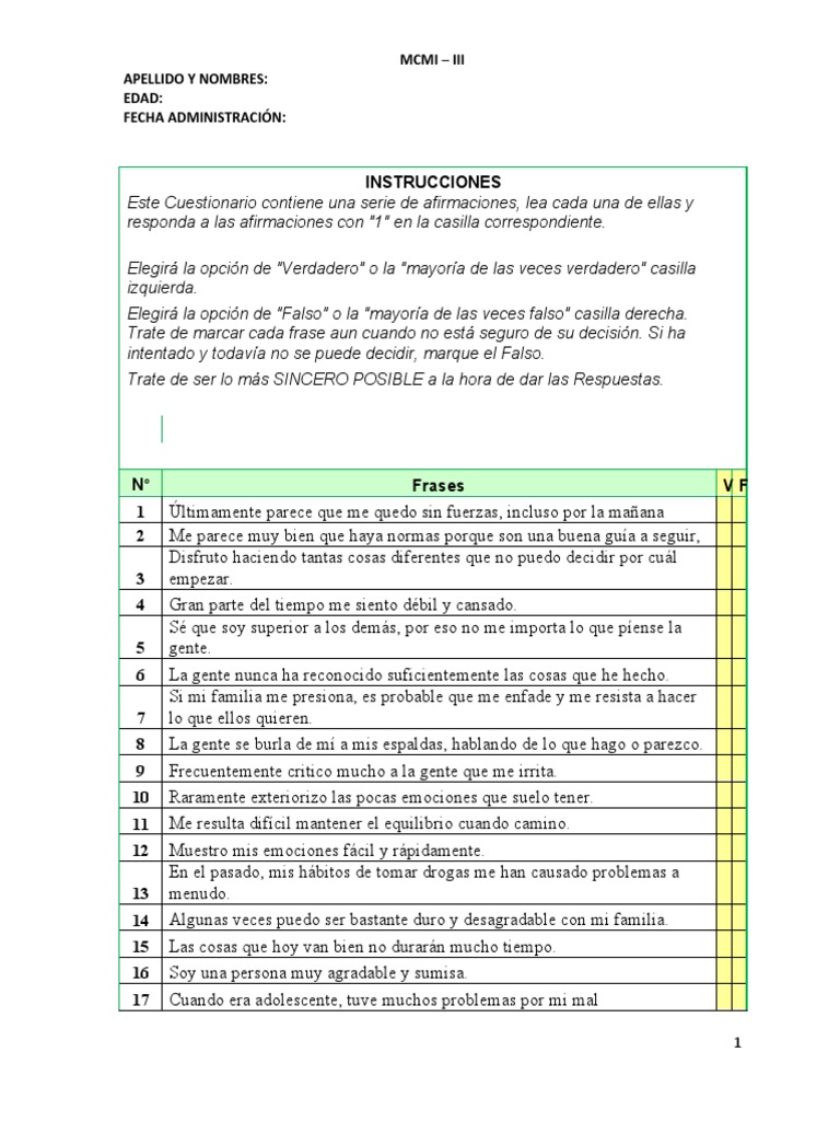 Mcmi III Cuadernillo de Preguntas e Instrucciones | PDF | Sicología ...