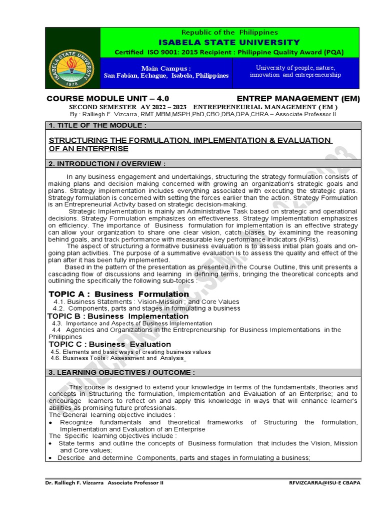 Academic Module 4.0 Entrep. Management Sec - Sem. Ay 2022 2023 | PDF ...