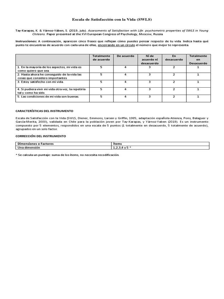 Escala de Satisfacción Con La Vida (SWLS) | PDF