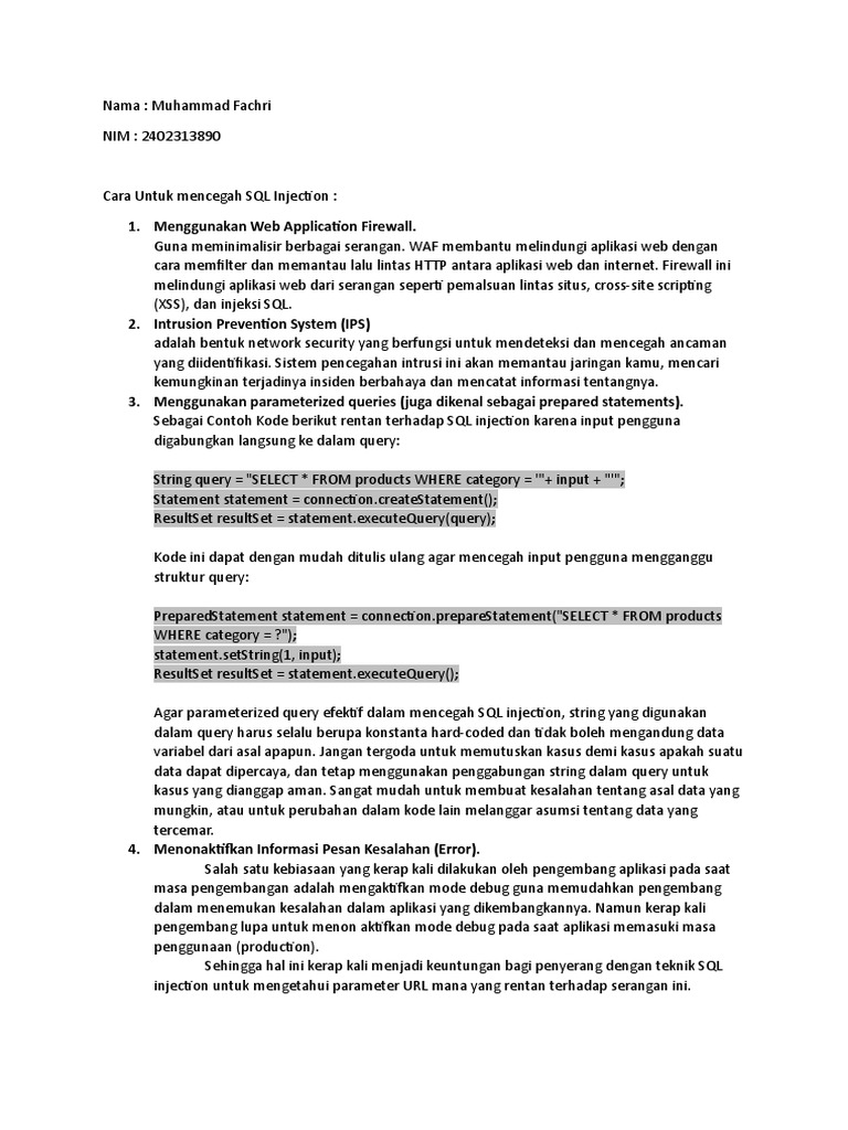 Cara Mencegah SQL Injection | PDF