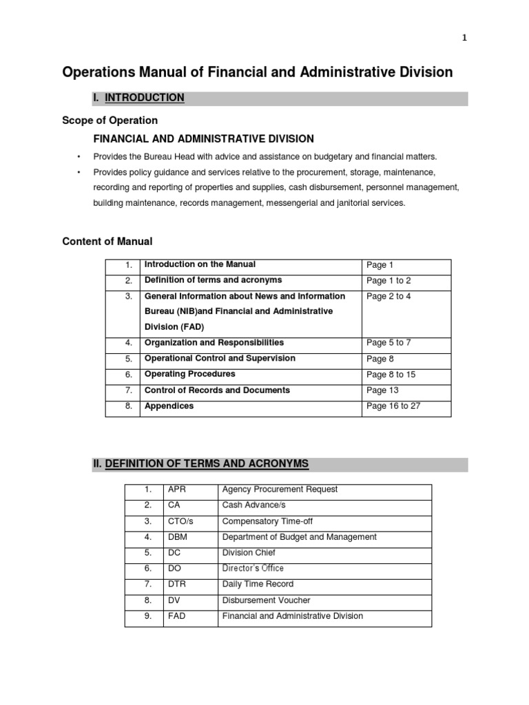 Operations Manual of Financial and Administrative Division | PDF ...