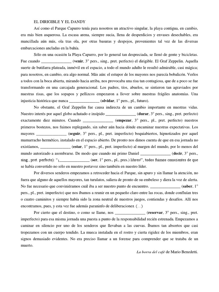 Actividad de Verbos Benedetti El Dirigible y El Dandy | PDF