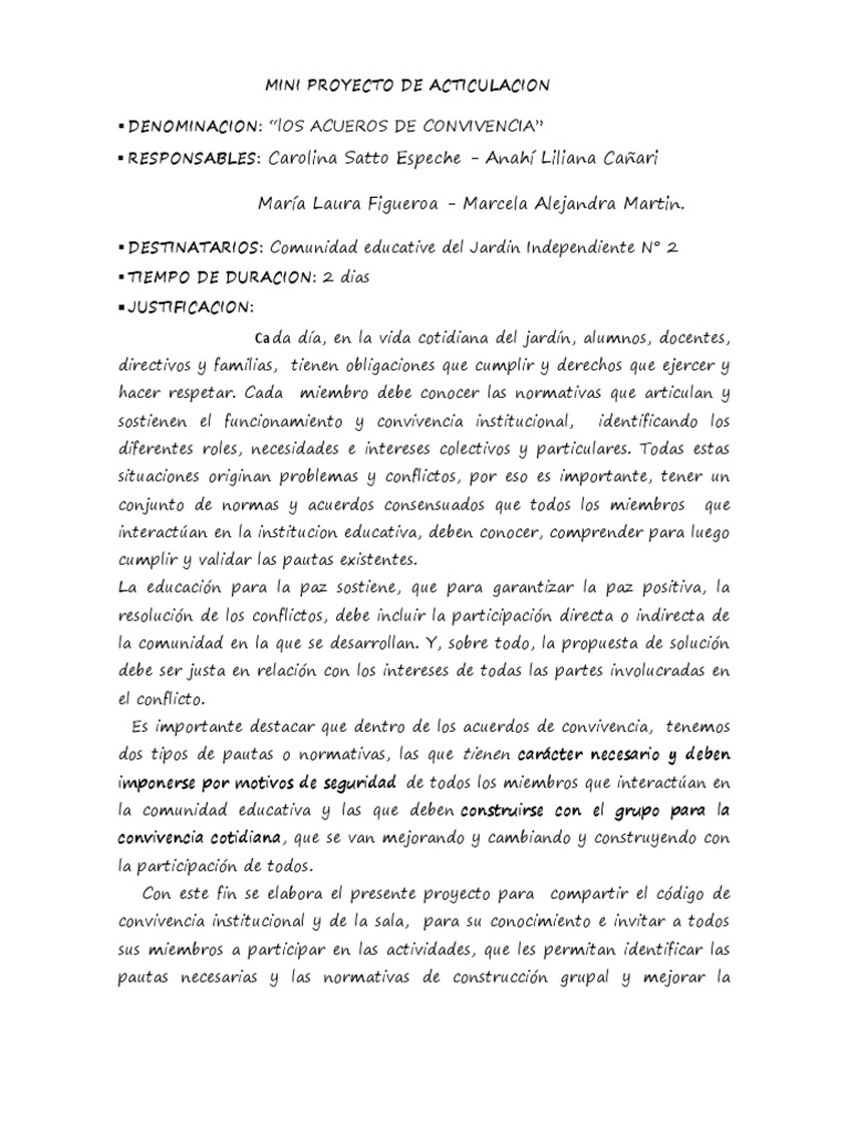 Mini Proyecto de Acticulacion Acuerdo de Convivencia | PDF ...