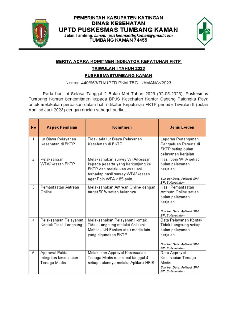 Format Komitmen Kepatuhan FKTP TW 1 2023 | PDF
