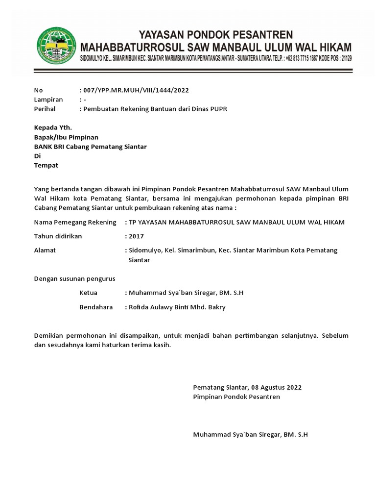 Surat Pengajuan Pembukaan Rek BRI | PDF | Pengelolaan Keuangan & Uang ...