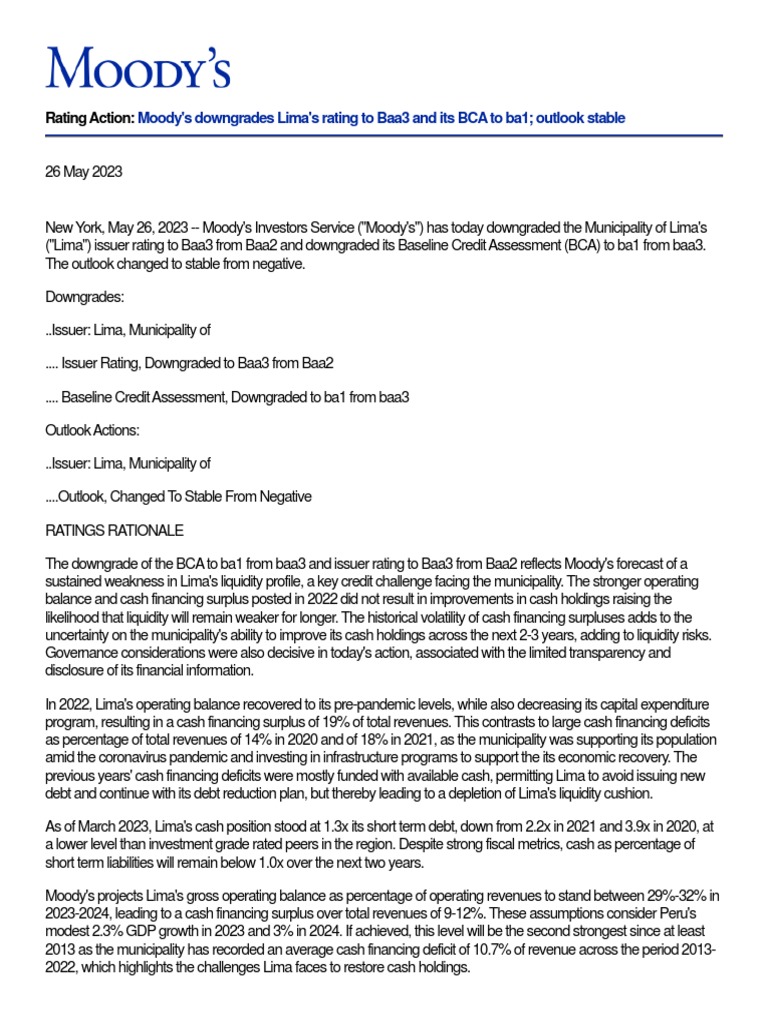 Rating Action Moodys Downgrades Limas Rating 26may2023 PR 477088 | PDF | Moody's Investors ...