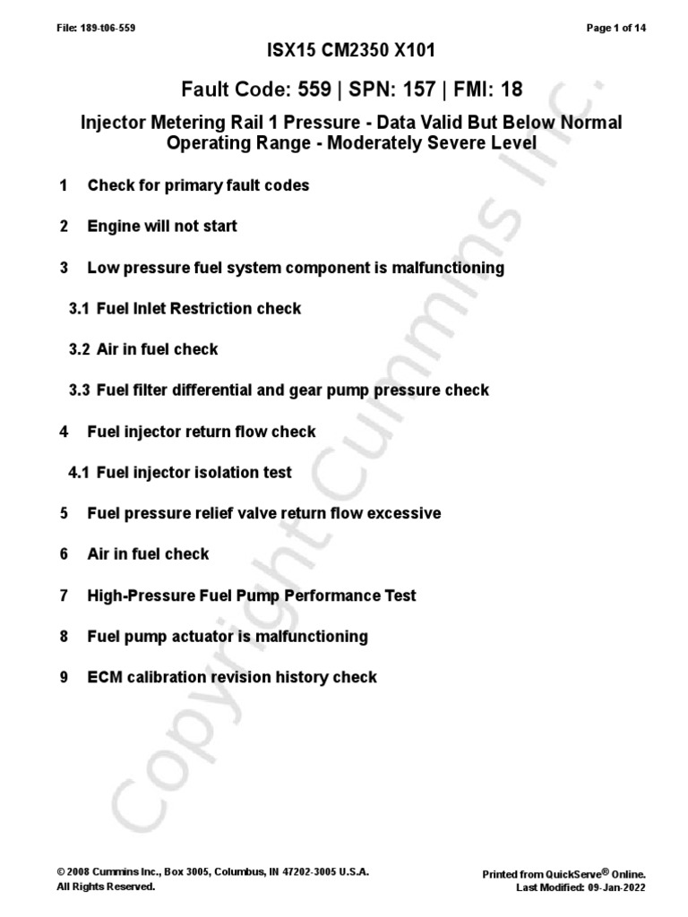Fault Code: 559 - SPN: 157 - FMI: 18: ISX15 CM2350 X101 | PDF ...