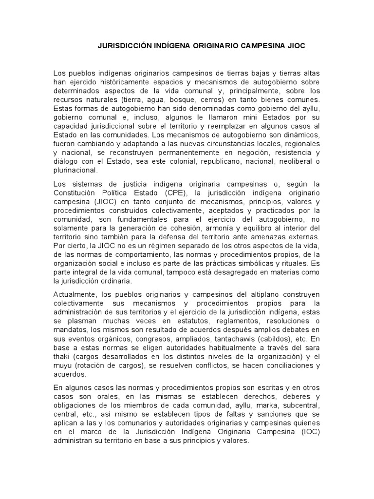 Jurisdicción Indígena Originario Campesina Jioc | PDF | Jurisdicción ...