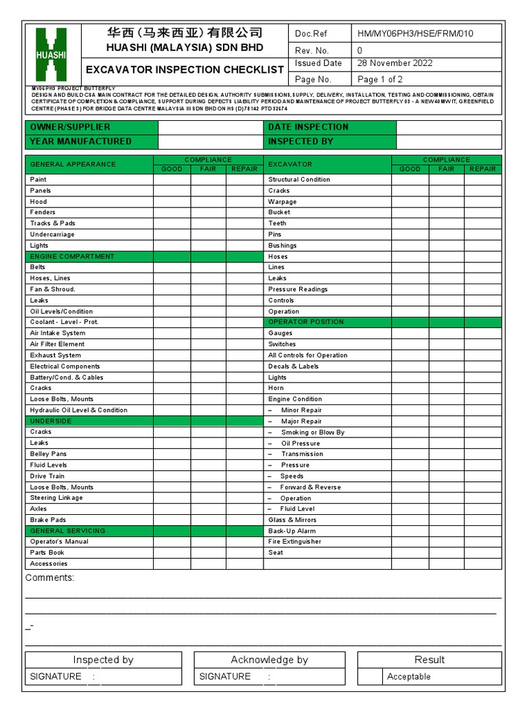 Excavator Inspection Guide | PDF | Automotive Industry | Vehicle Technology