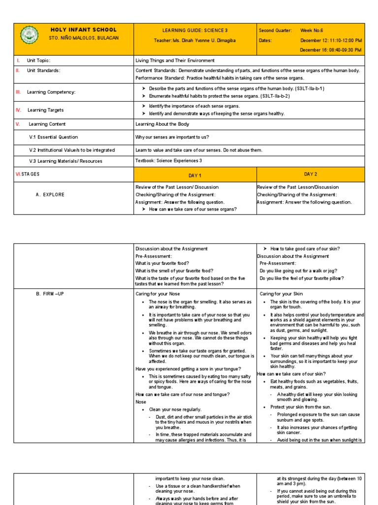 Lesson Plan For Science 3 (Second Quarter) | PDF | Sunscreen | Human Nose
