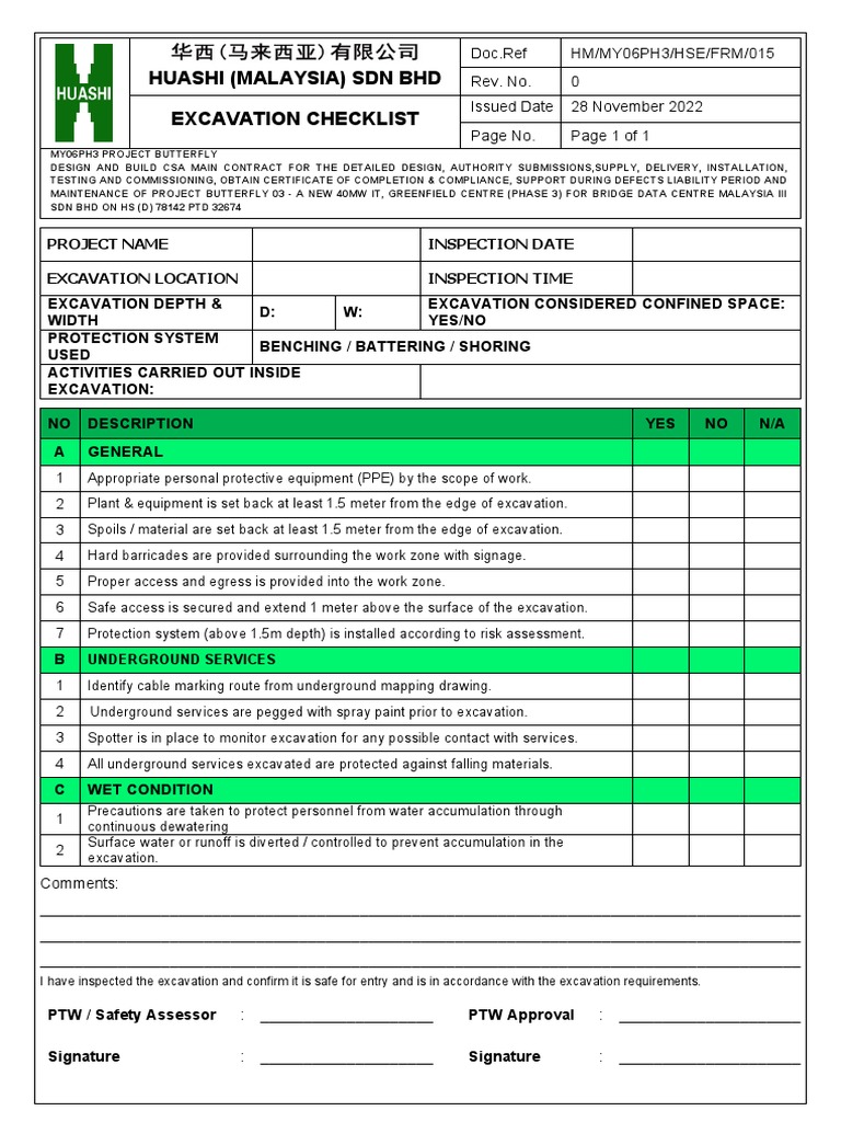 015 Excavation Checklist | PDF | Safety