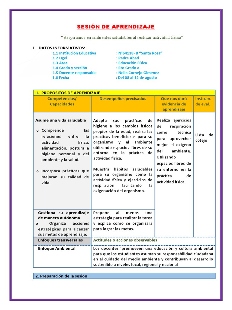 Sesion 5° Educacion Fisica | PDF | Aprendizaje | Respiración