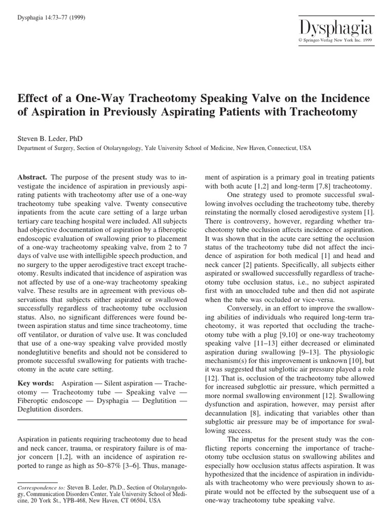 Effect of A One Way Tracheostomy Speaking Valve On The Incidence of ...
