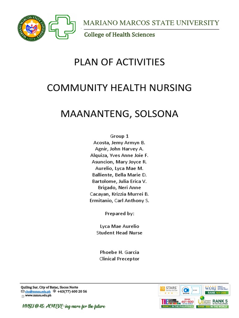 Plan of Activities CHN GR 1 | PDF | Cognition | Health Care
