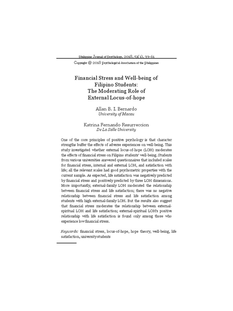 Financial Stress and Wellbeing of Filipino Students The Moderating Role ... Financial Stress and Wellbeing of Filipino Students The Moderating Role ...