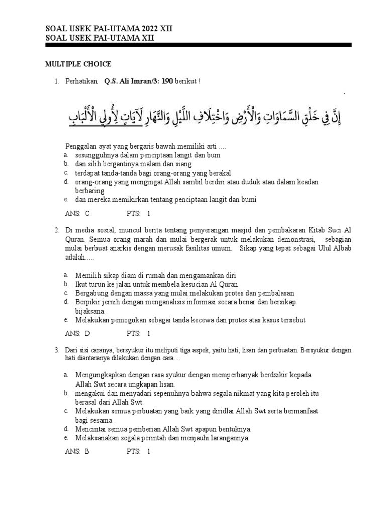 Soal Usek Pai 2022 - Xii | PDF | Agama & Spiritualitas
