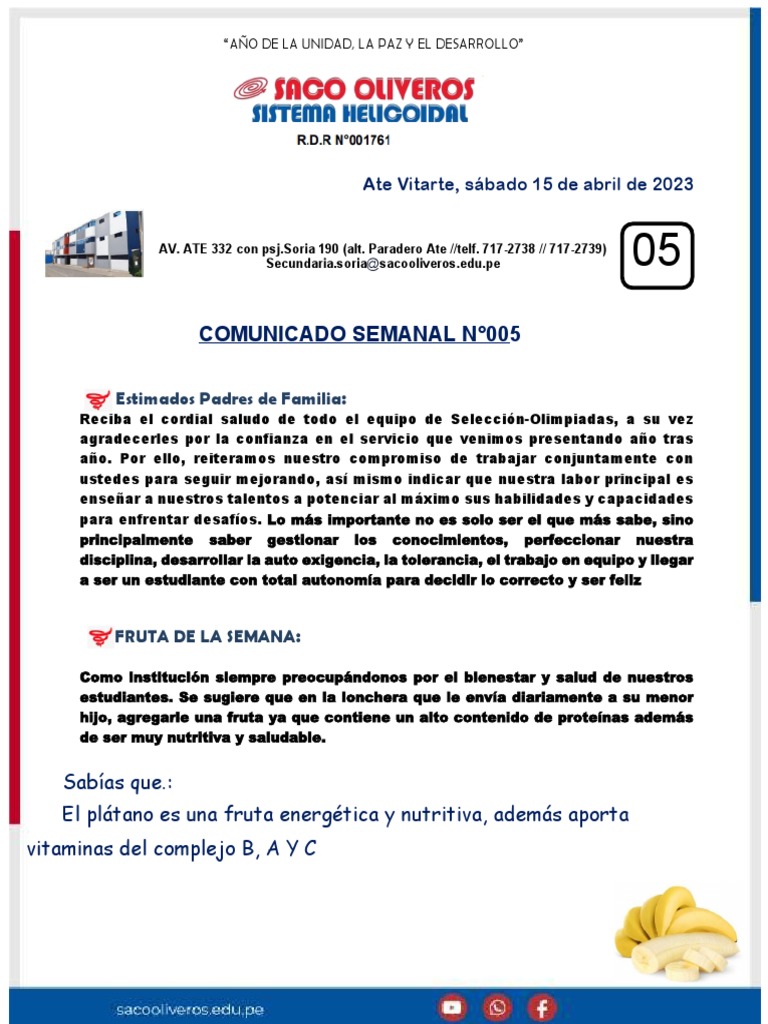 Comunicado Escolar Semanal #005 | PDF | Sicología