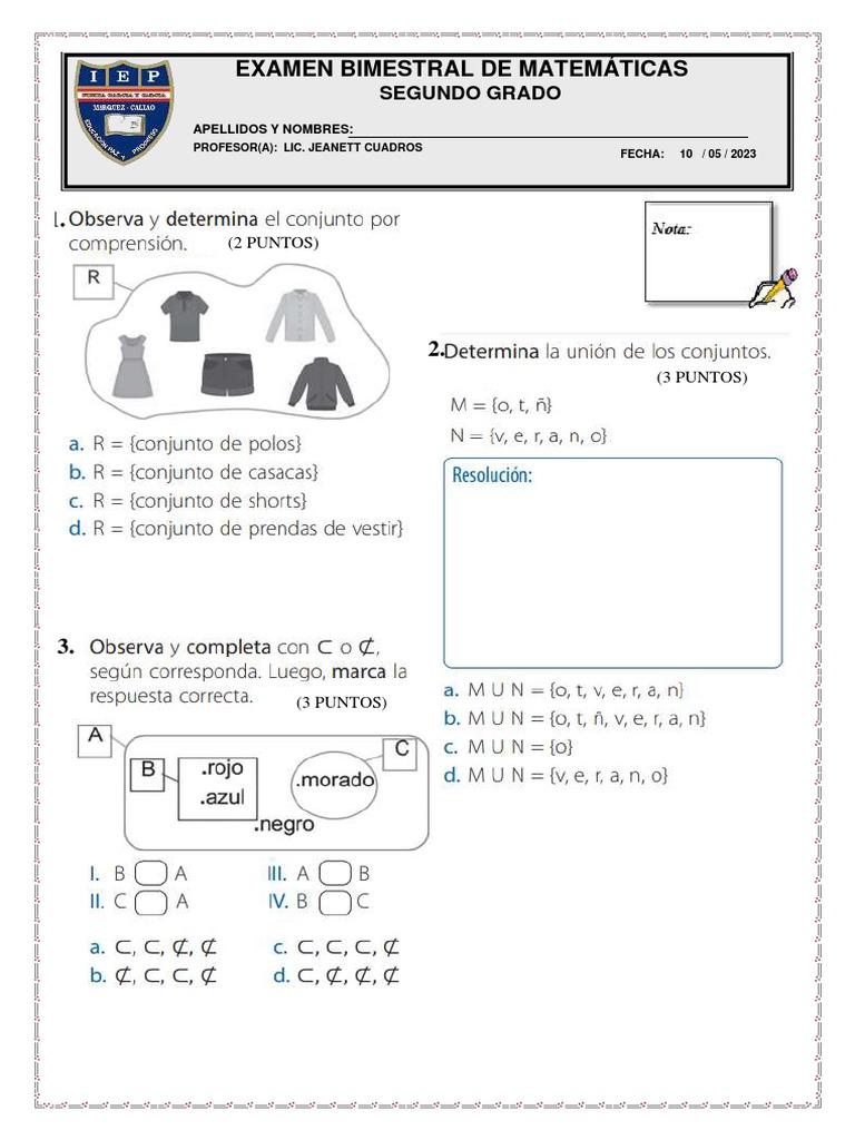 Examen Bimestral de Matemáticas 2do Grado | PDF