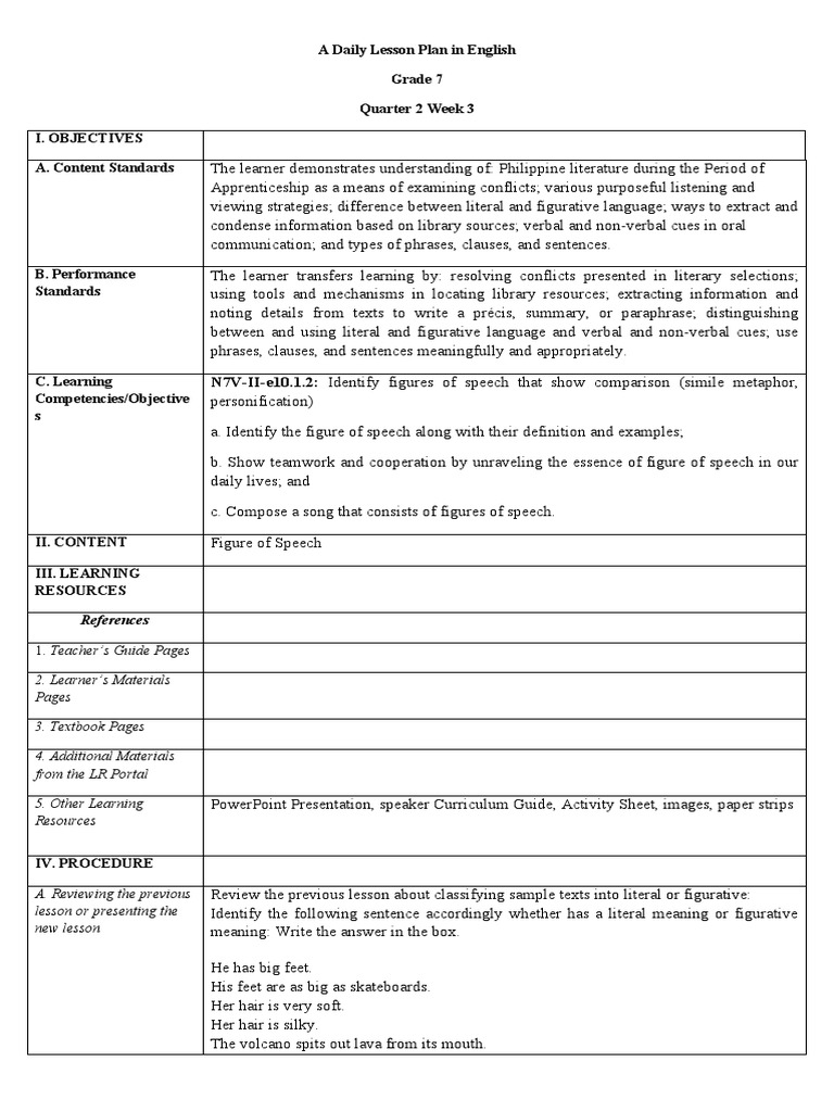 Daily Lesson Plan in English 7 | Download Free PDF | Metaphor | Learning