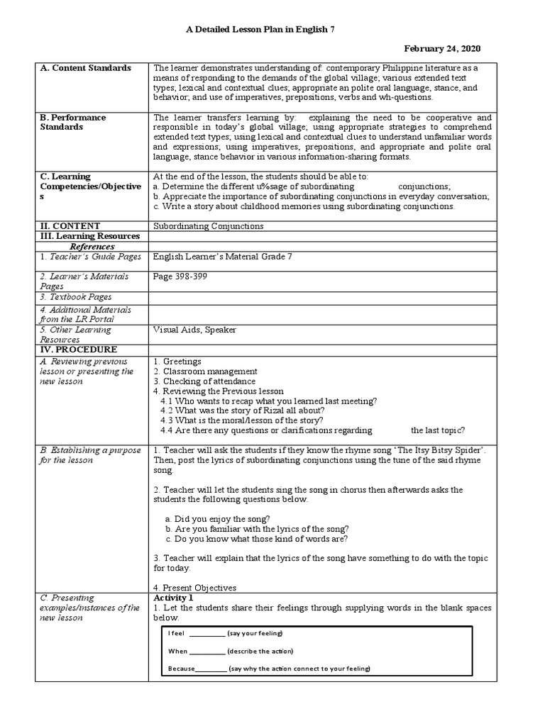 Subordinating Conjunction Daily Lesson Plan Pdf English Language