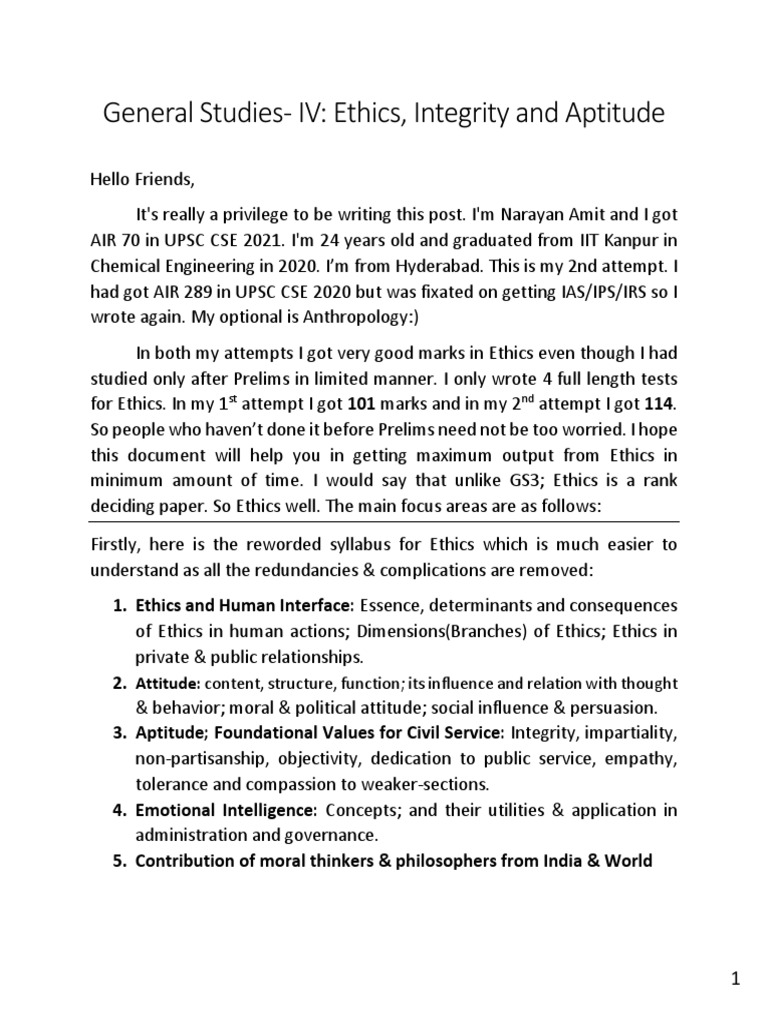 Ethics GS4 Narayan Amit AIR70 | PDF | Governance | Applied Ethics