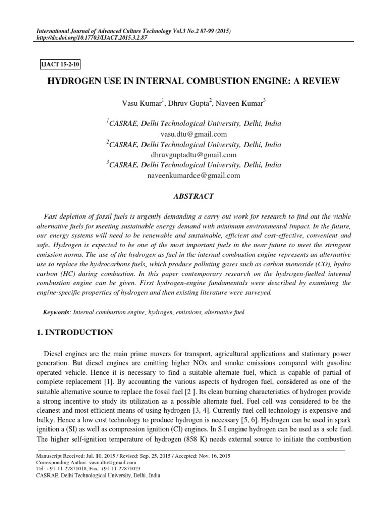 Hydrogen Use in Internal Combustion Engine - A Review | PDF | Internal ...