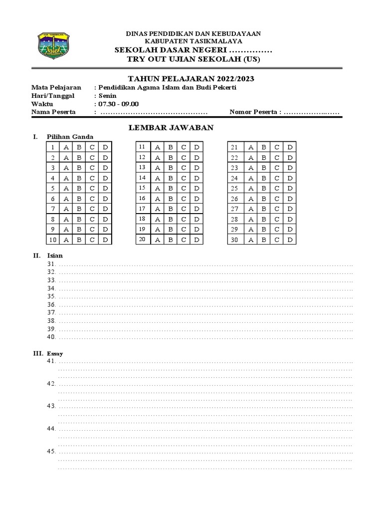Lembar Jawaban Try Out Us Pai 2023 | PDF