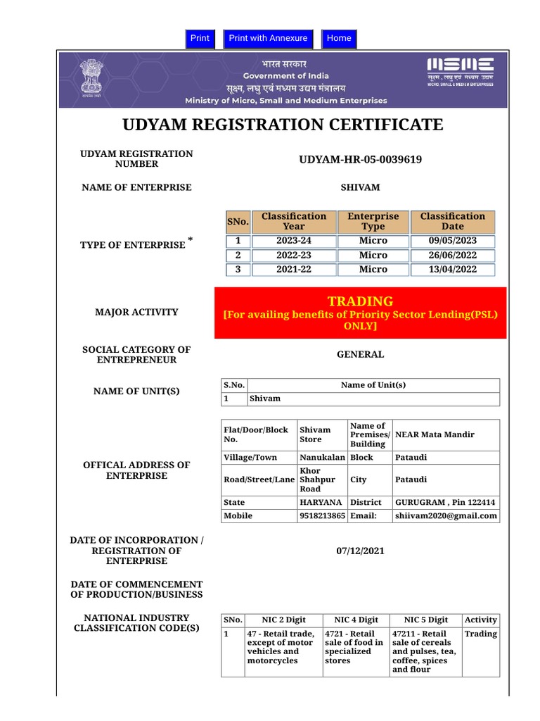 Print _ Udyam Registration Certificate (1) | PDF | Retail | Economies