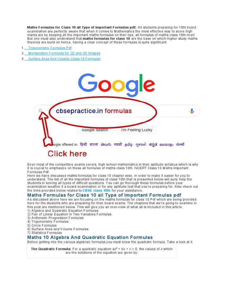 Maths Formulas For Class 10 All Type of Important Formulas PDF | PDF | Area | Mathematics