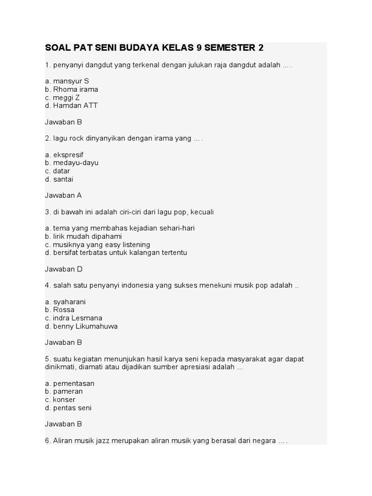 Soal Pat Seni Budaya Kelas 9 Semester 2 | PDF