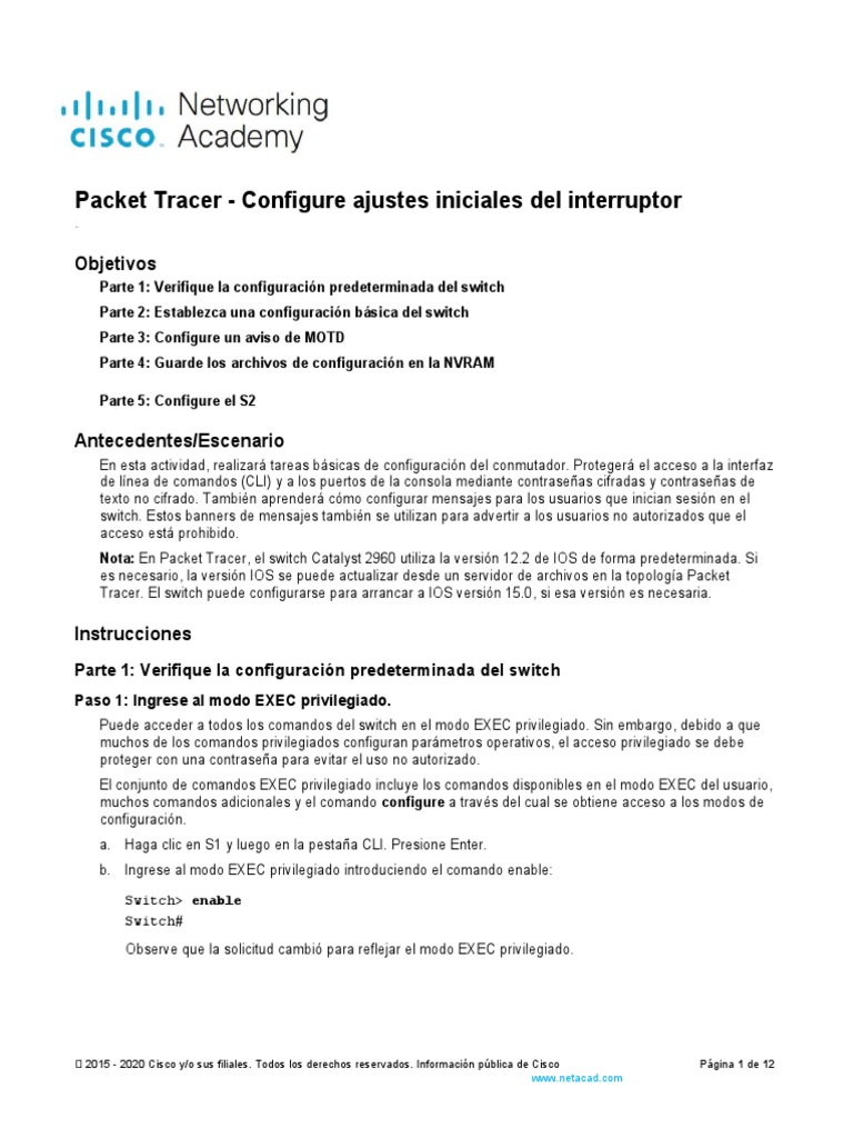 2 5 5 Packet Tracer Configure Initial Switch Settings Es Xl Pdf Contraseña Conmutador De Red