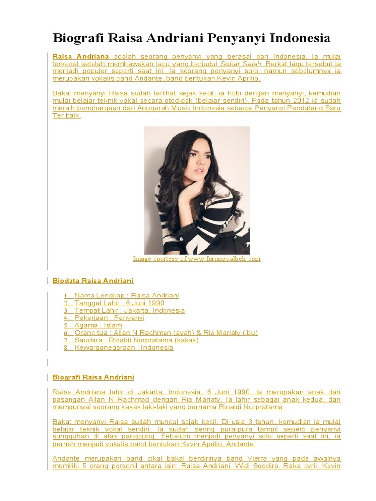 Biografi Raisa Andriani Penyanyi Indonesia | PDF