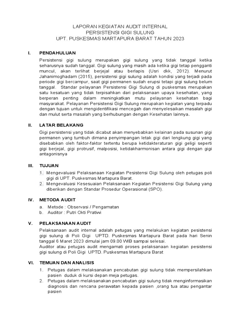Laporan Audit Internal Persistensi Gigi Sulung | PDF
