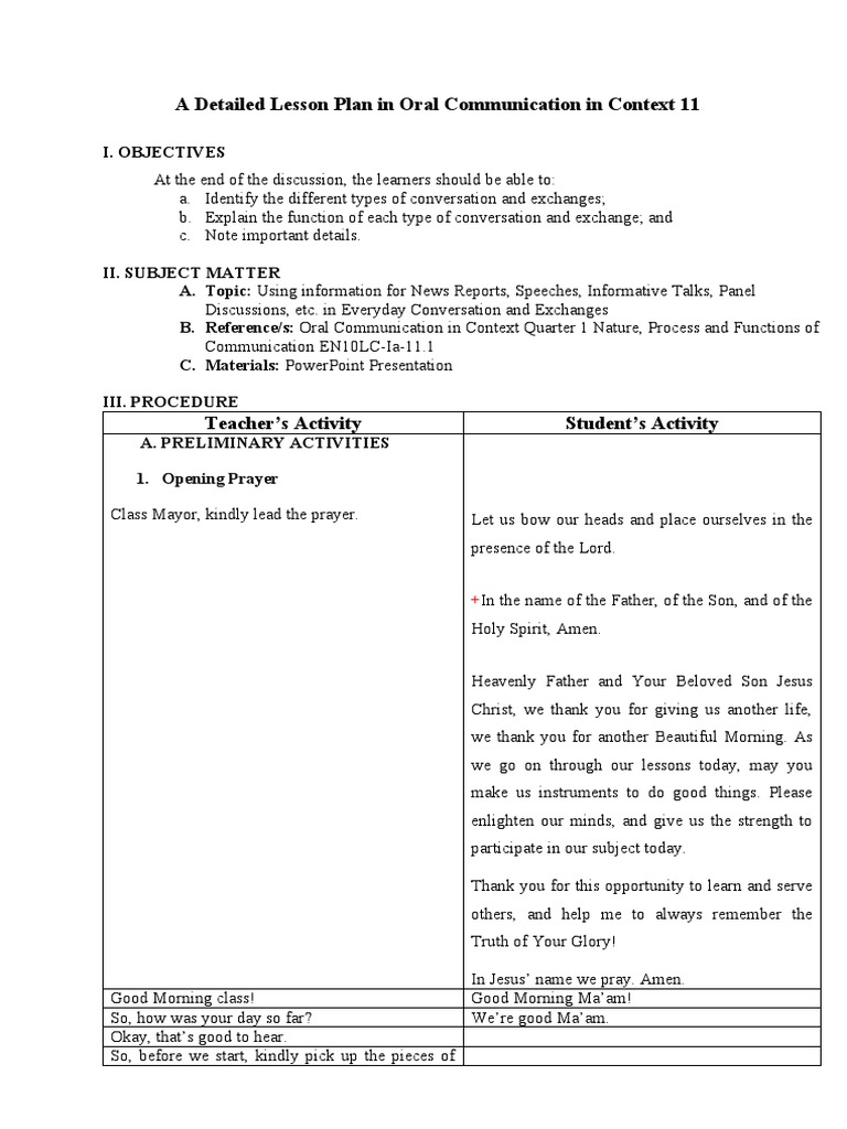 A Detailed Lesson Plan in Oral Communication in Context 11 | PDF | Part ...