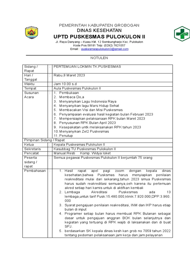 Notulen Rapat Puskesmas Pulokulon II | PDF