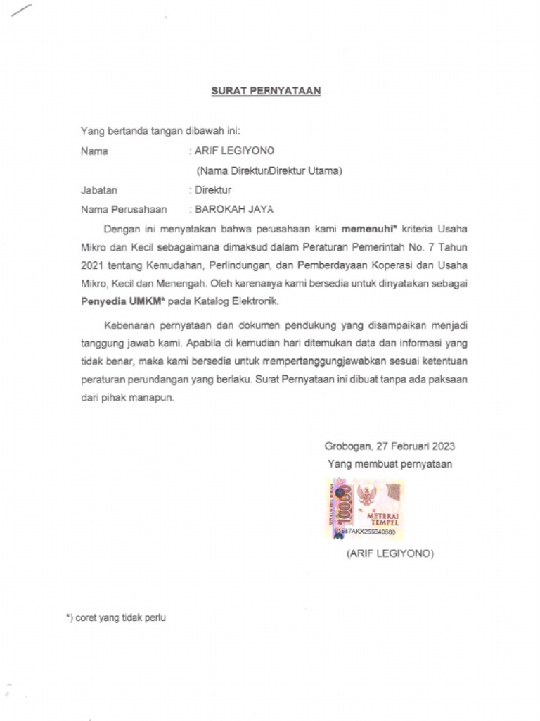 Surat Pernyataan Umkm | PDF