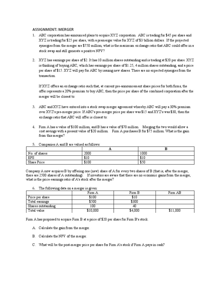 Merger Exercises1 | PDF | Mergers And Acquisitions | Stocks